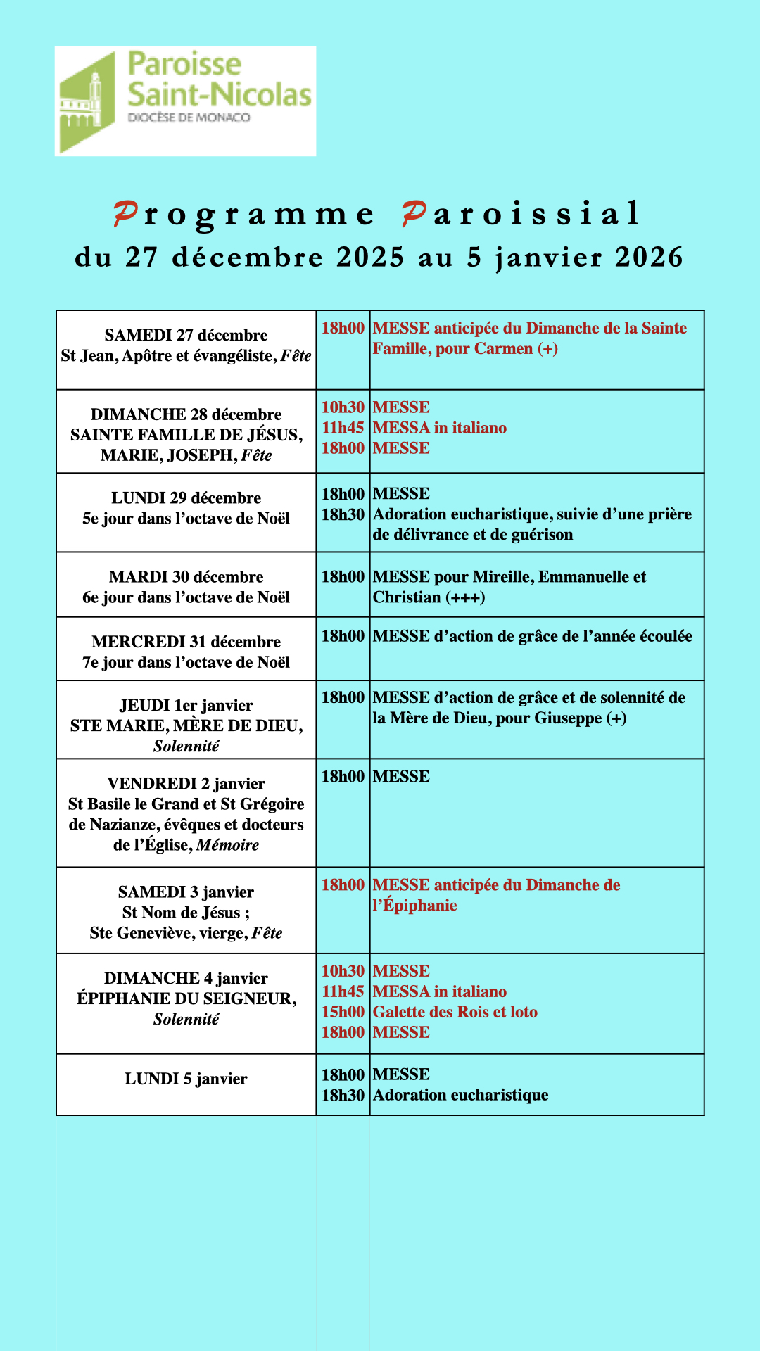 CÉLÉBRATIONS À SAINT-NICOLAS DU 27 DÉCEMBRE 2025 AU 5 JANVIER 2026 ...